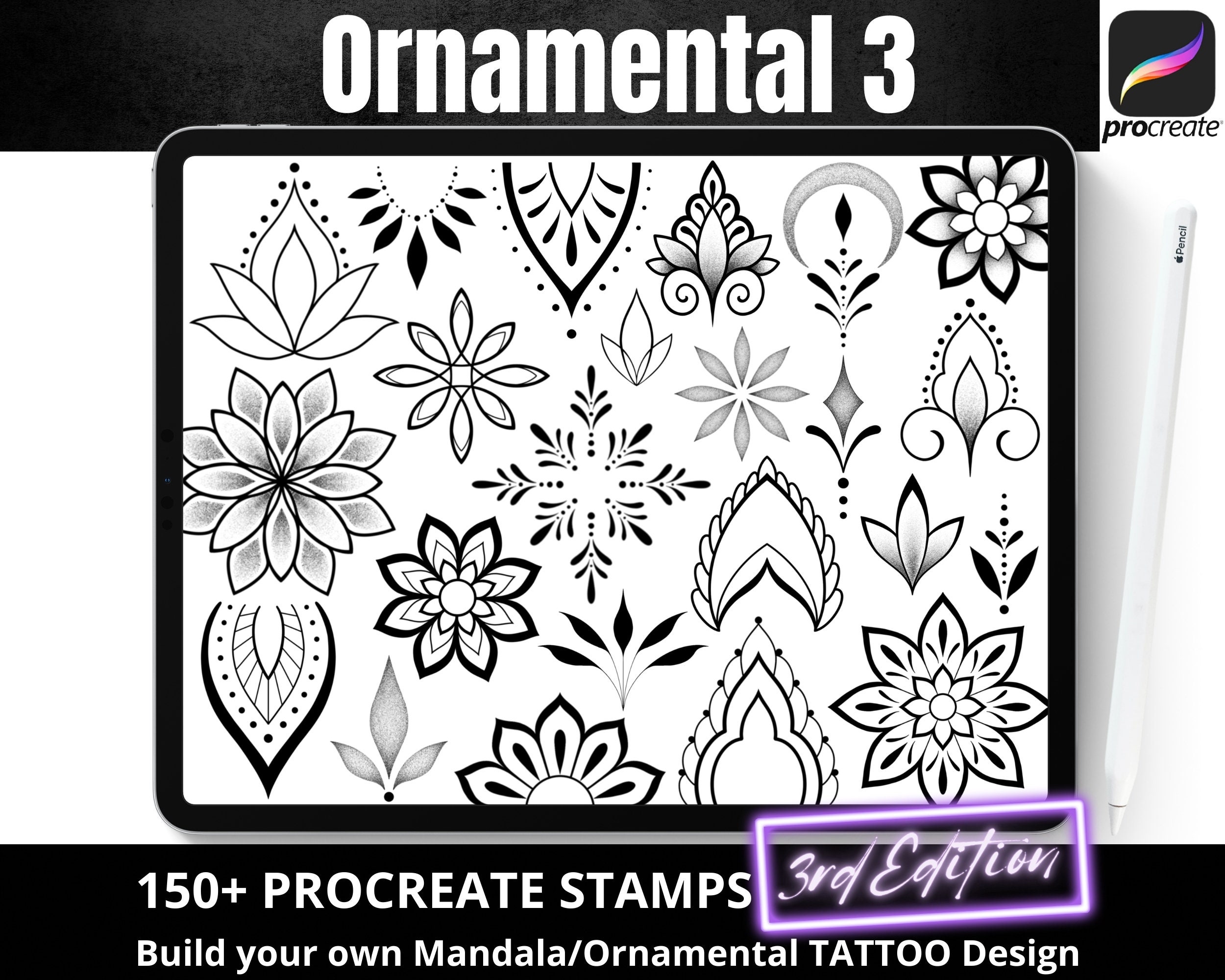 Procreate Ornamental Stamp Set BUNDLE, Digital Brushes, Tattoo Designs ...