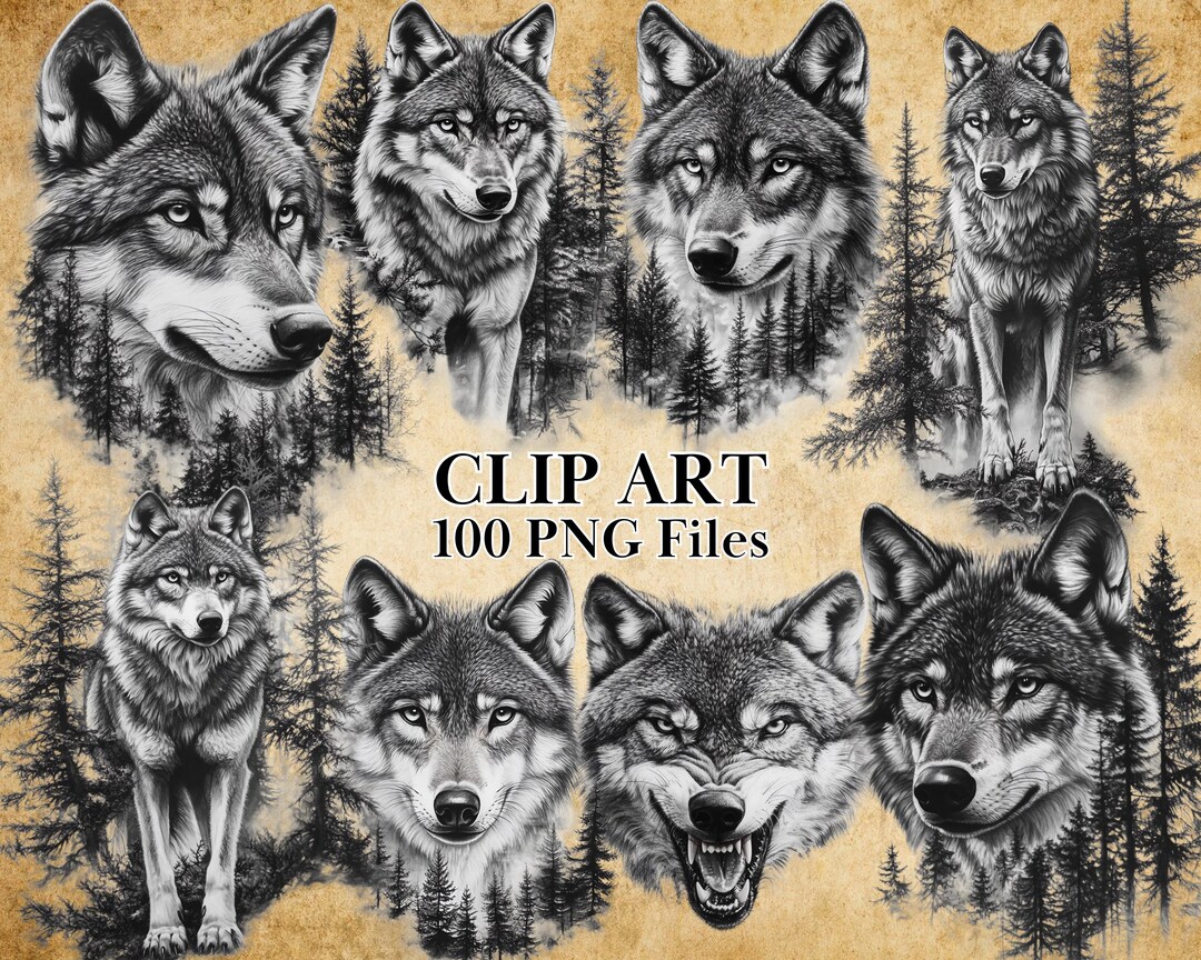 Clipart BUNDLE Wolf Forest Scenery, 100 Wolves PNG Images, Tattoo Art ...