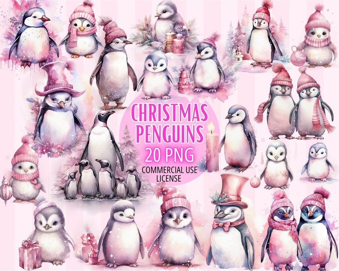 Clipart Pink Christmas Penguins, 20 PNG Files, Pastel Watercolor Art ...