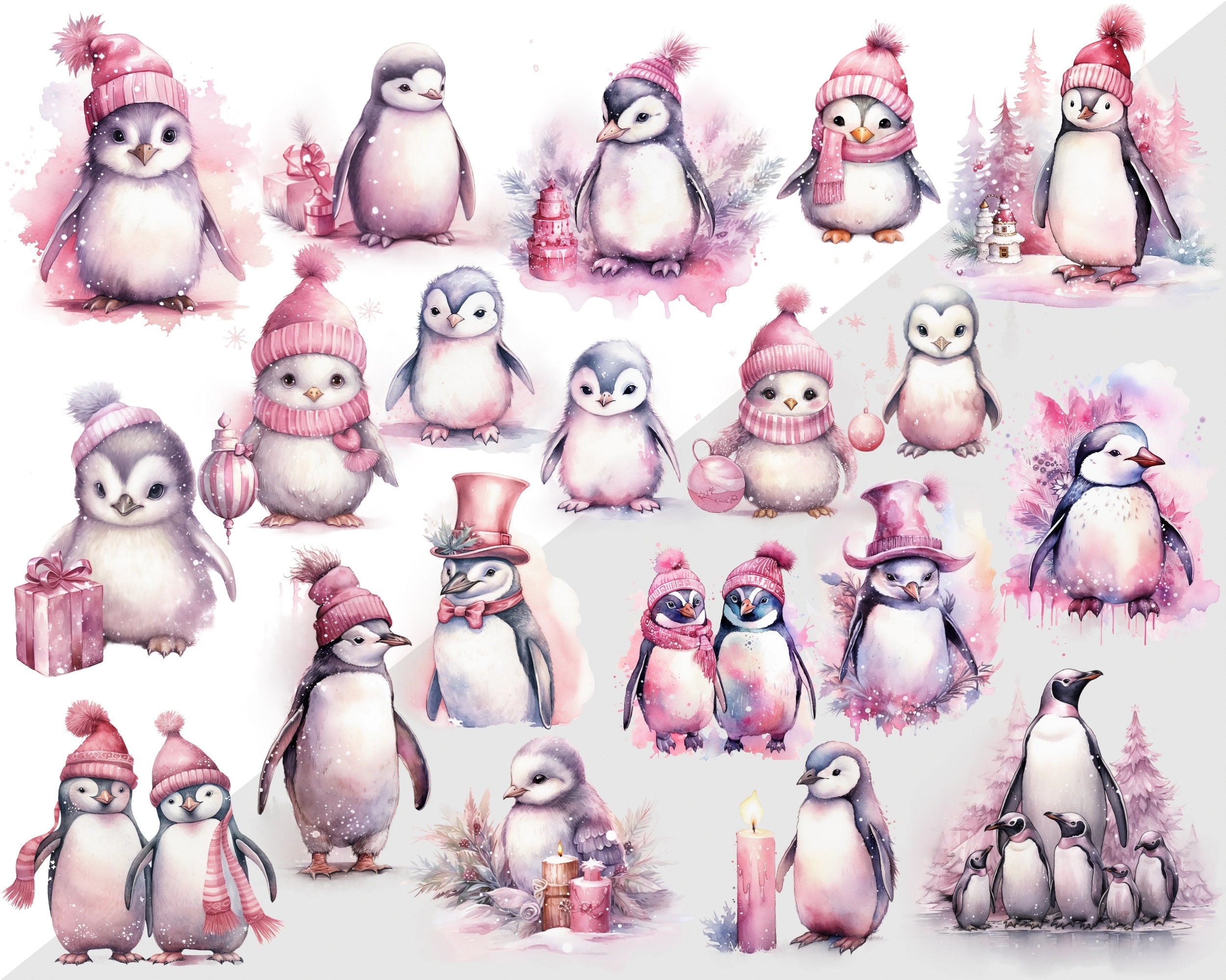 Clipart Pink Christmas Penguins, 20 PNG Files, Pastel Watercolor Art ...