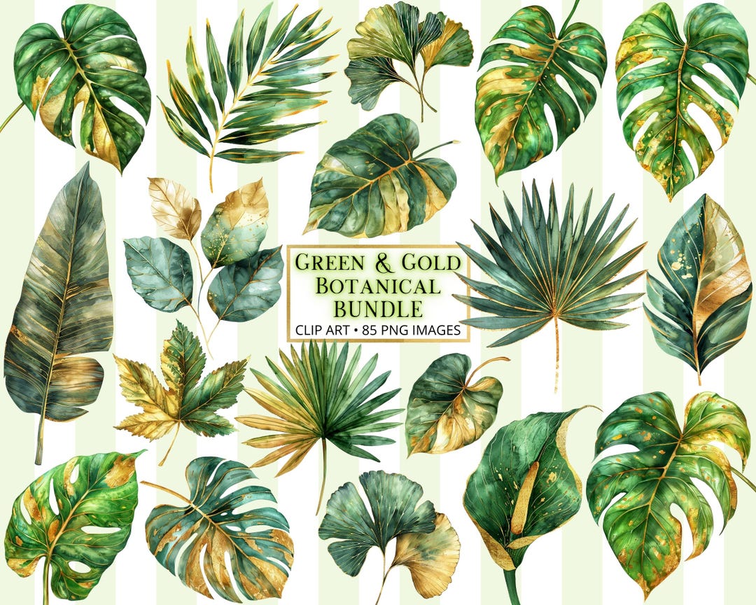 Botanical Clipart, Green Gold Tropical Leaves, Greenery Watercolor ...