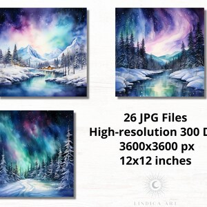 Northern Lights Digital Paper Bundle, Aurora Borealis Christmas Winter ...