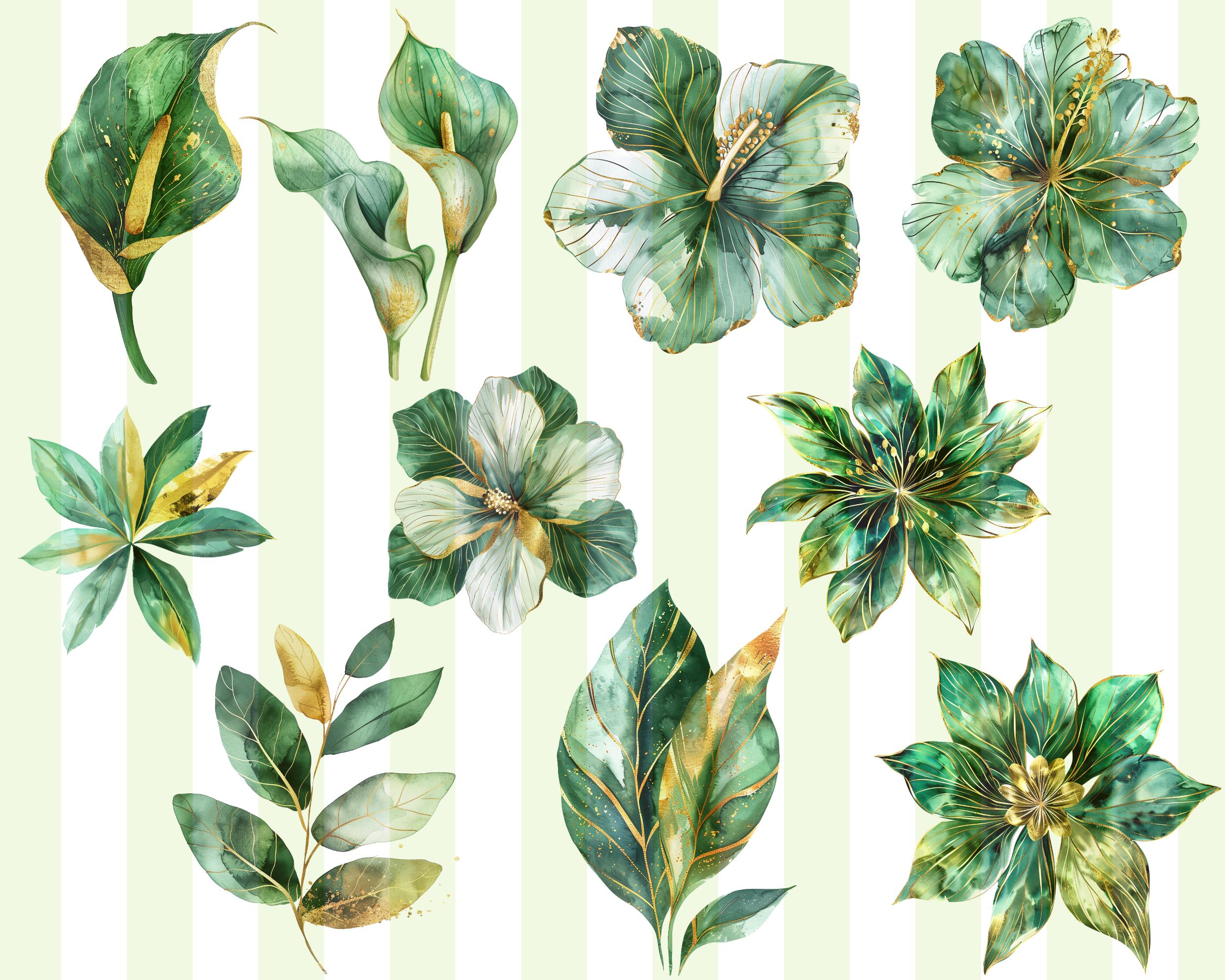 Botanical Clipart, Green Gold Tropical Leaves, Greenery Watercolor ...
