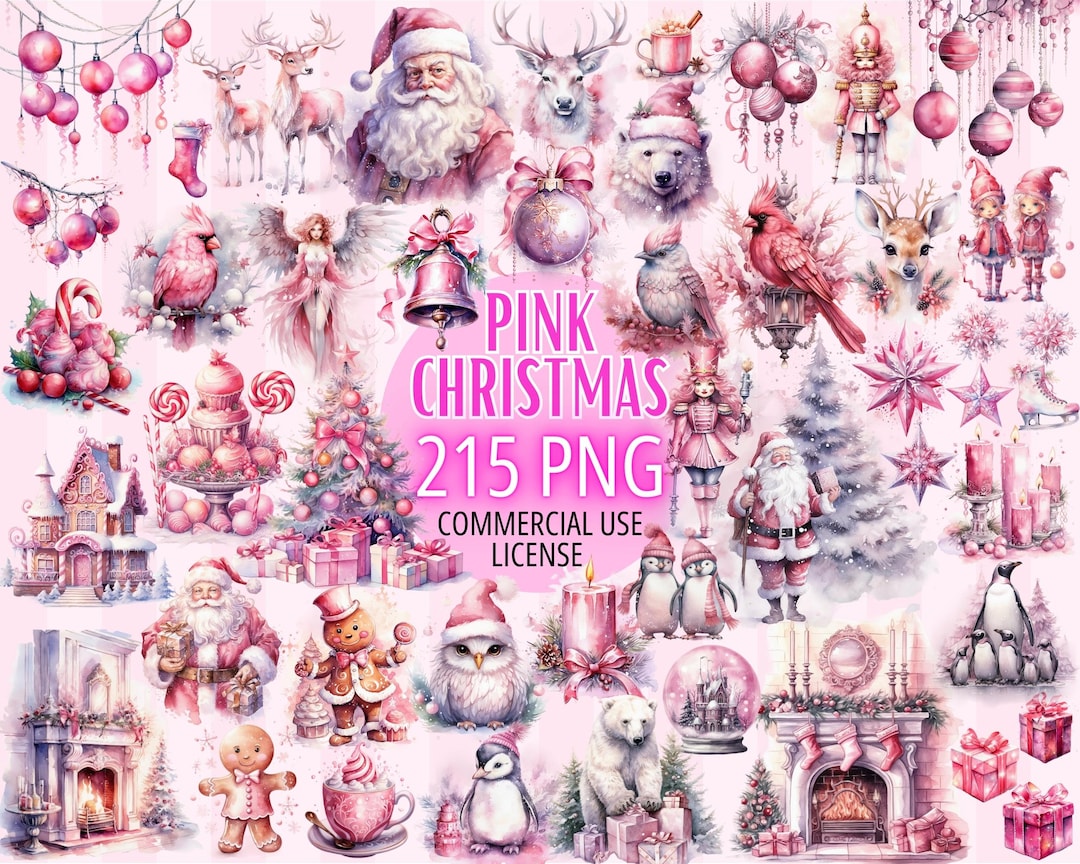Clipart Pink Christmas, 215 PNG Image Files, Pastel Watercolor Art ...