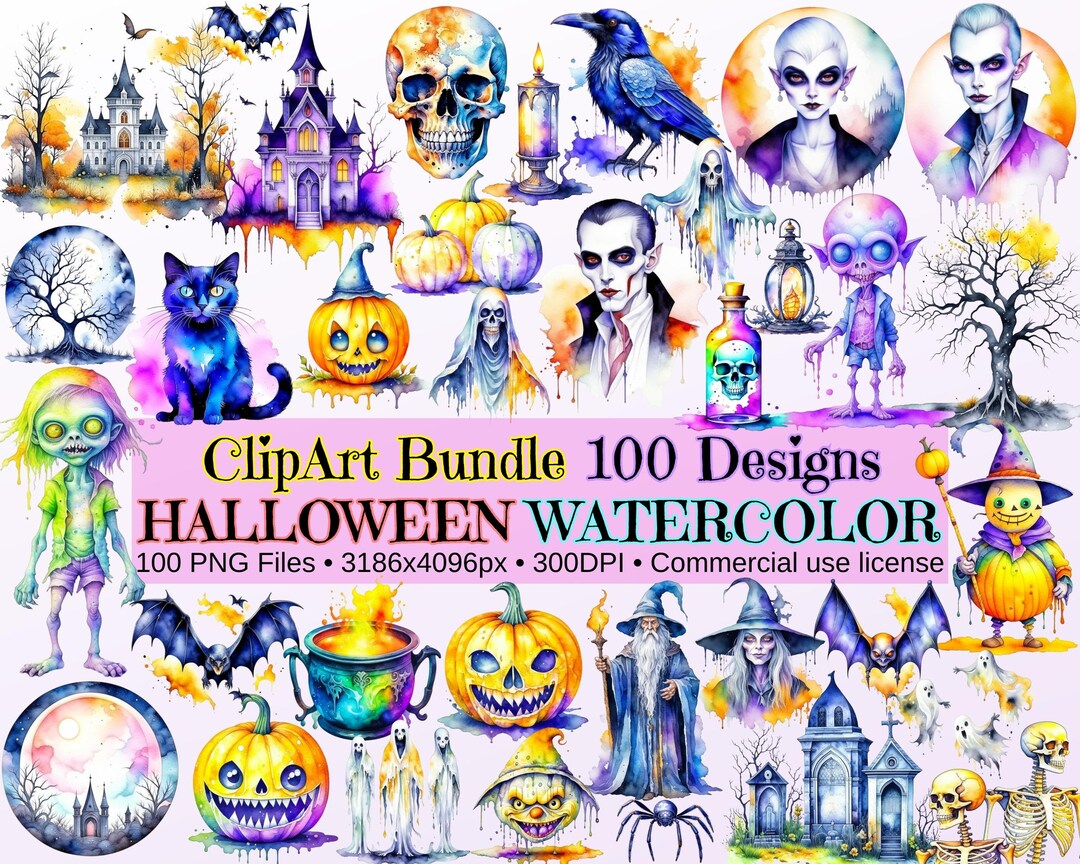 Clipart Halloween Watercolor Bundle 100 Designs, PNG Files, Sublimation ...