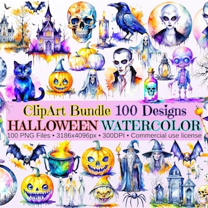 Clipart Halloween Watercolor Bundle 100 Designs, PNG Files, Sublimation ...