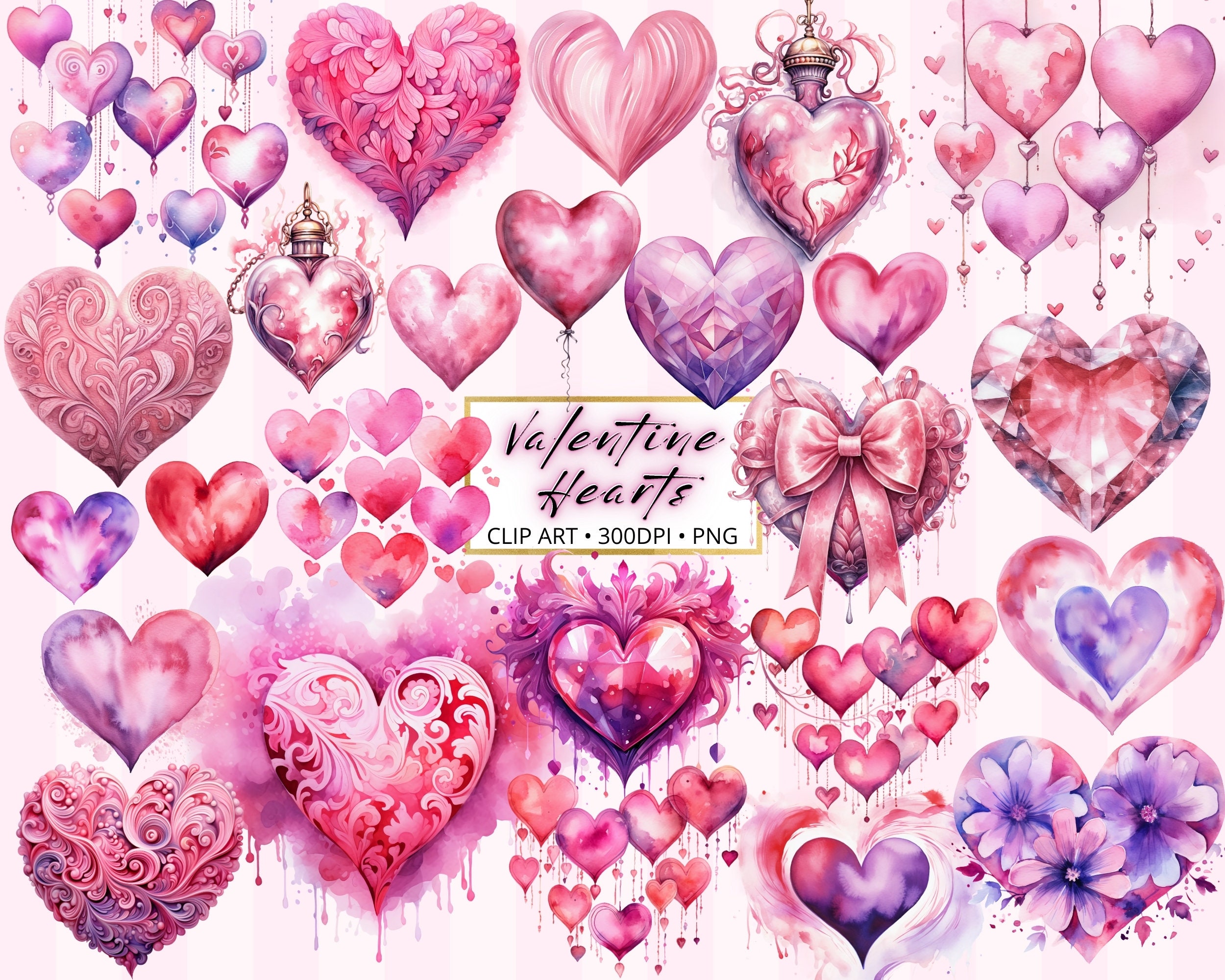 Clipart Pink Valentine Love Hearts 45 PNG Files, Pastel Watercolor Art ...