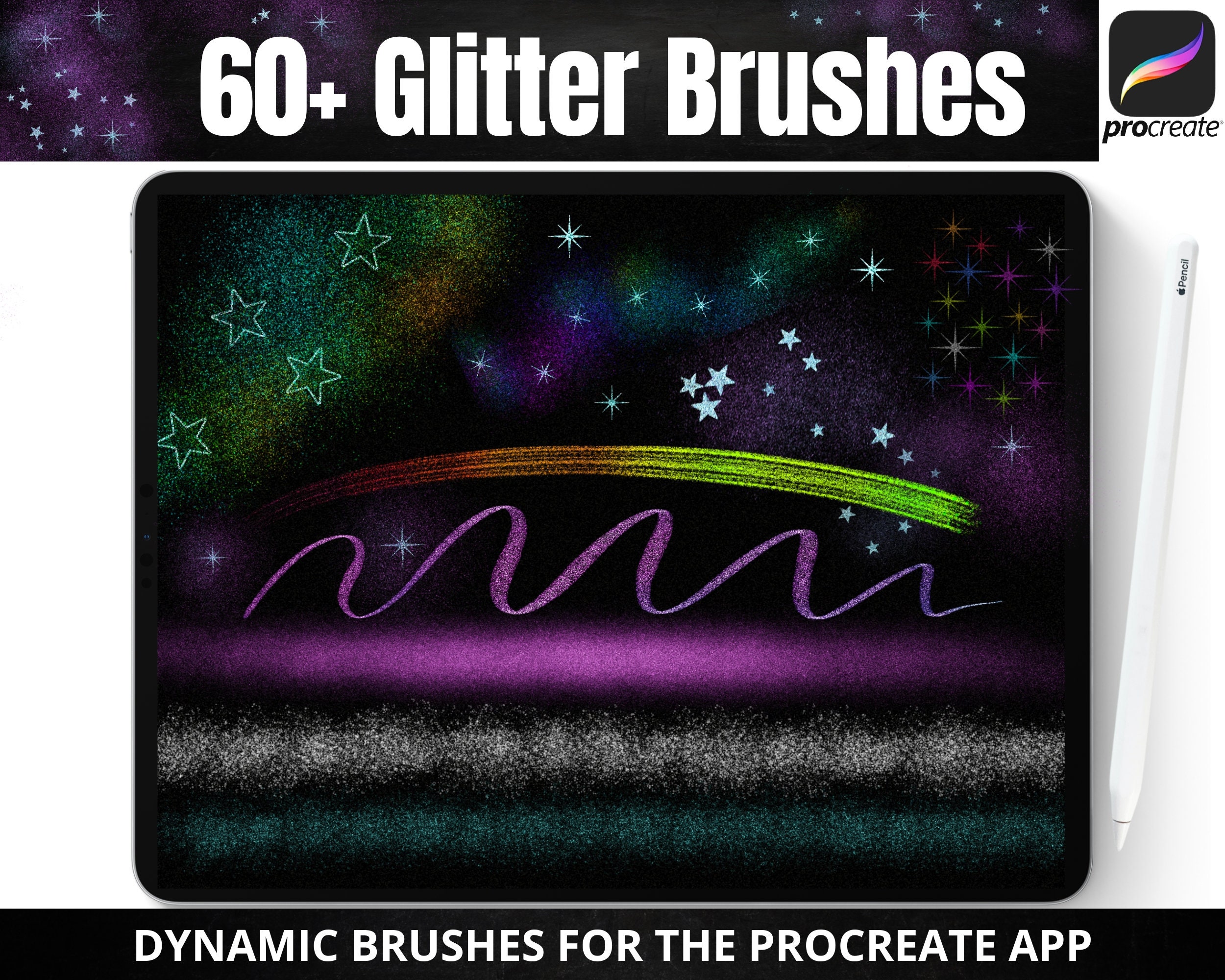 Procreate Brushes, 60 Glitter Brush Set, Sparkling Shimmer Bright Glow Brush Strokes, Sparkly ...