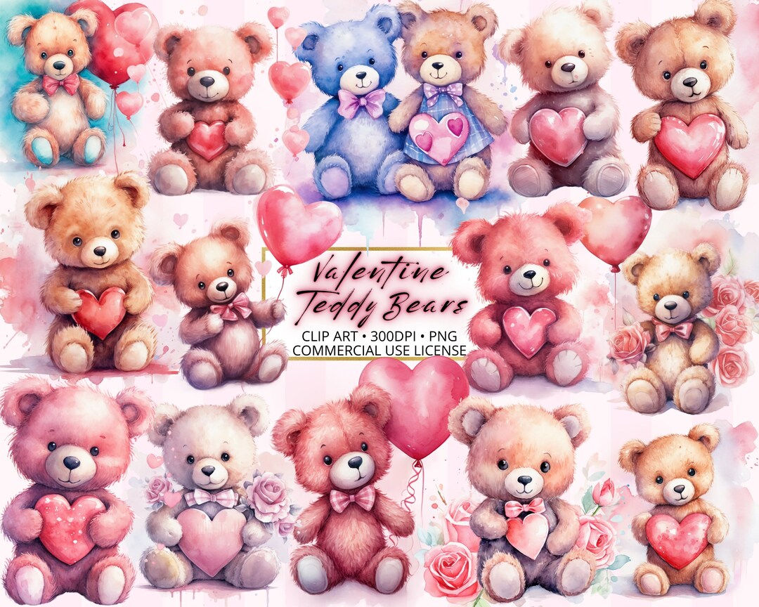 Clipart Cute Baby Teddy Bears Pink Valentine Bundle 40 PNG Files ...