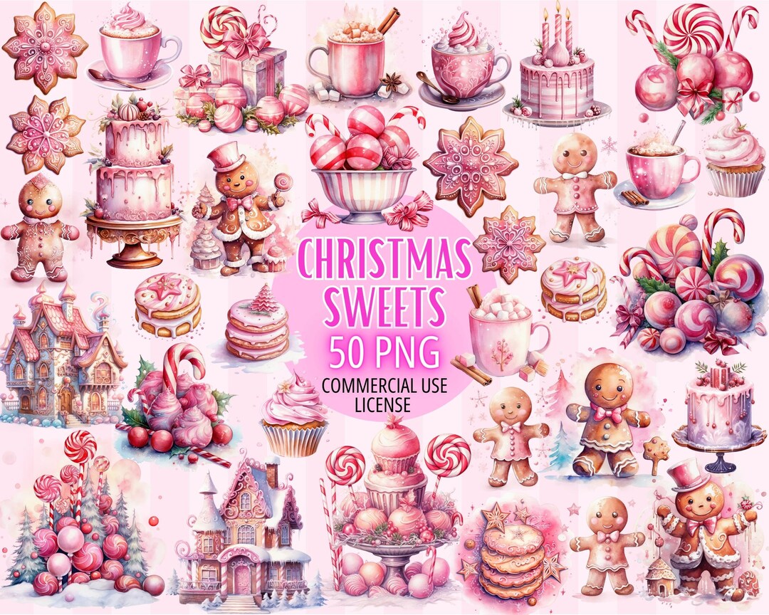 Clipart Pink Christmas Sweets, Gingerbread 50 PNG Files, Pastel ...