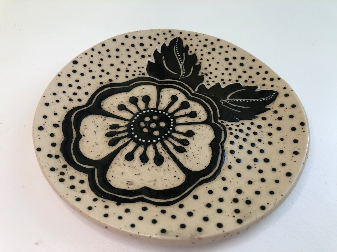Plate Handmade Pottery Tattoo Flower Sgraffito Design - Etsy