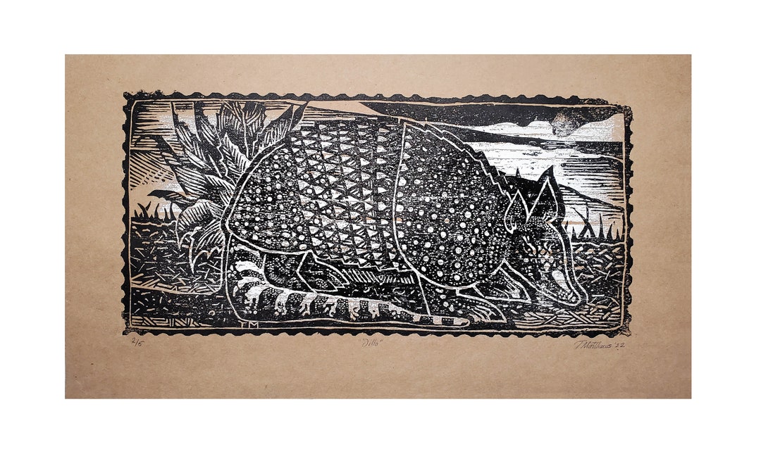 Dillo, Original 2 Color Woodcut Print, Black and White Inks on Kraft ...