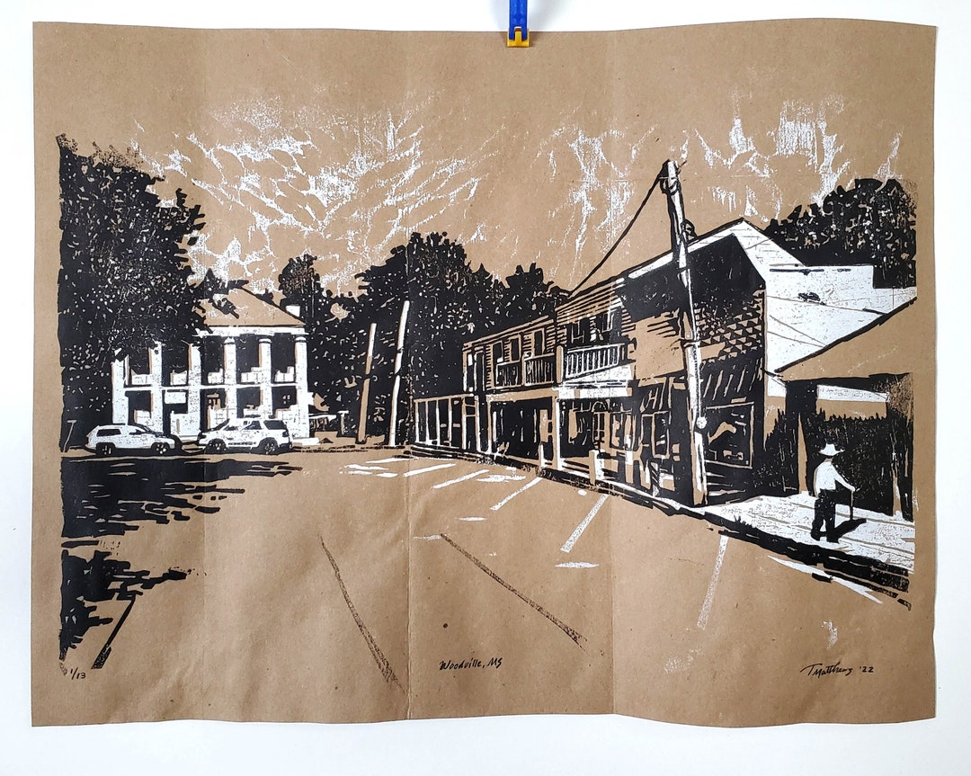 Woodville, Original 2 Color Woodcut Print on Recycled Grocery Bag Paper ...