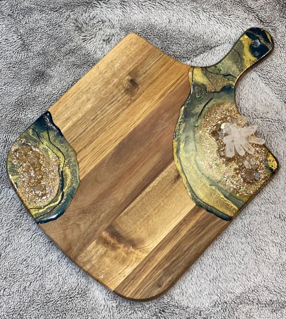 Resin made geode art with crystals on hand cut and carved wood board ...