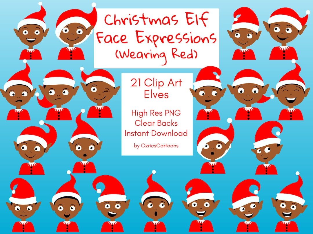 21 Christmas Elf Different Face Expressions Clip Art PNG Instant ...