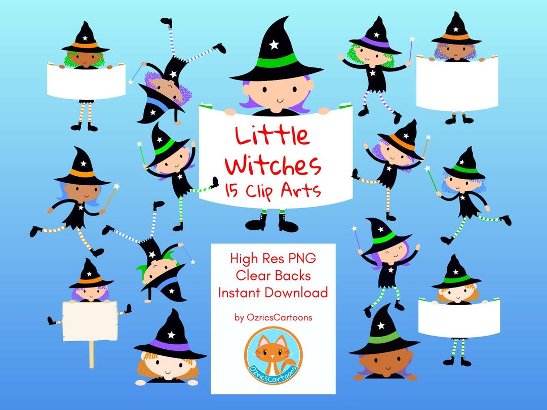Halloween Witches Clip Art Cute Witch Kids Party Characters 15 PNG ...