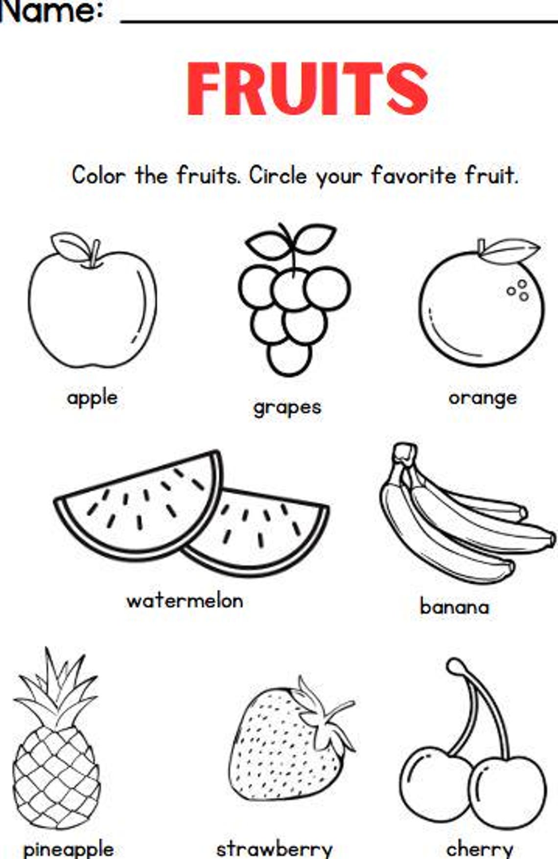 Fruits Coloring Worksheet - Etsy