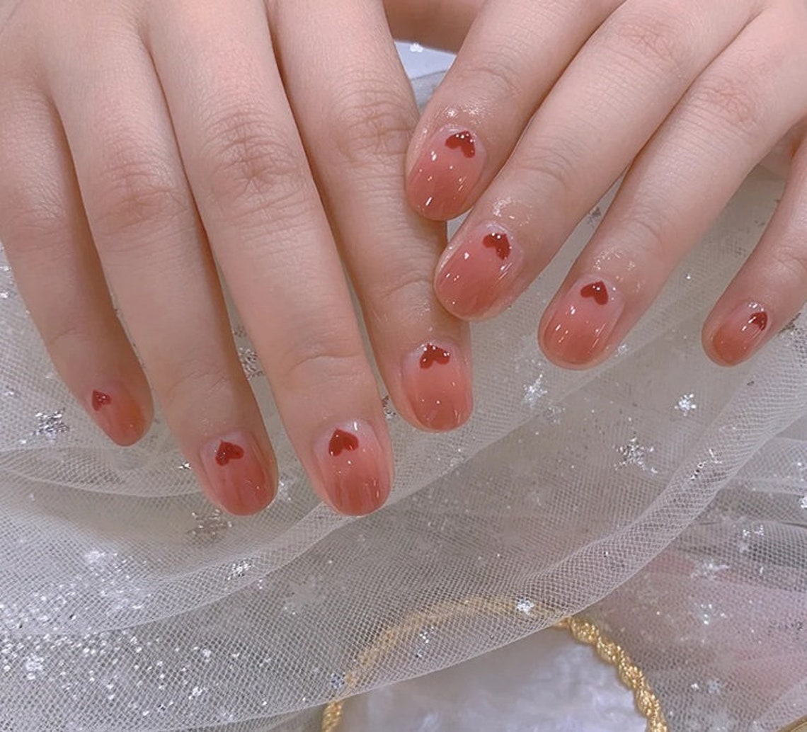 Glossy Pink Heart Press On Nails Short Square Nails Etsy