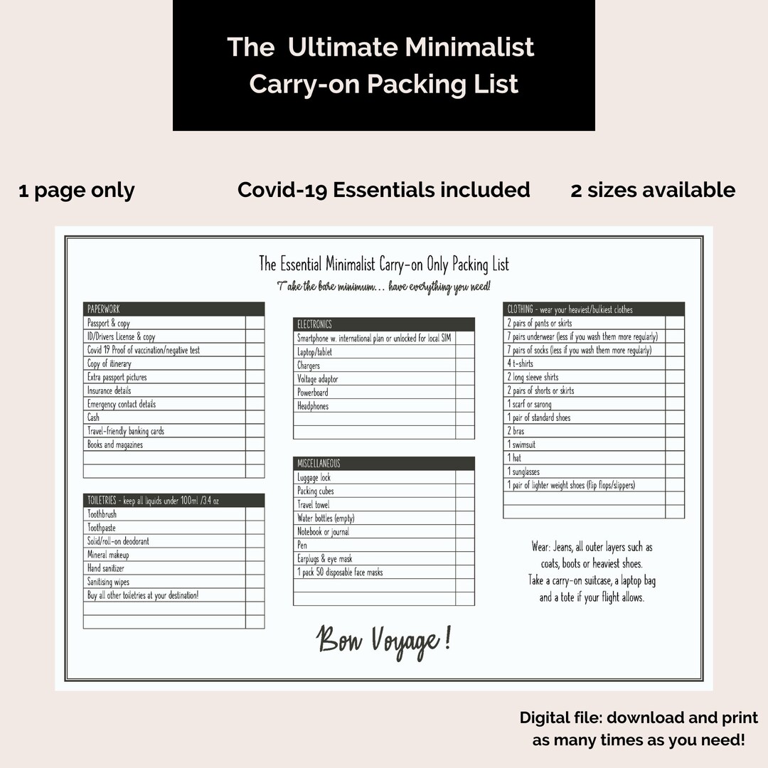 Printable Packing List Minimalist Carry on Packing List for Any Trip - Etsy