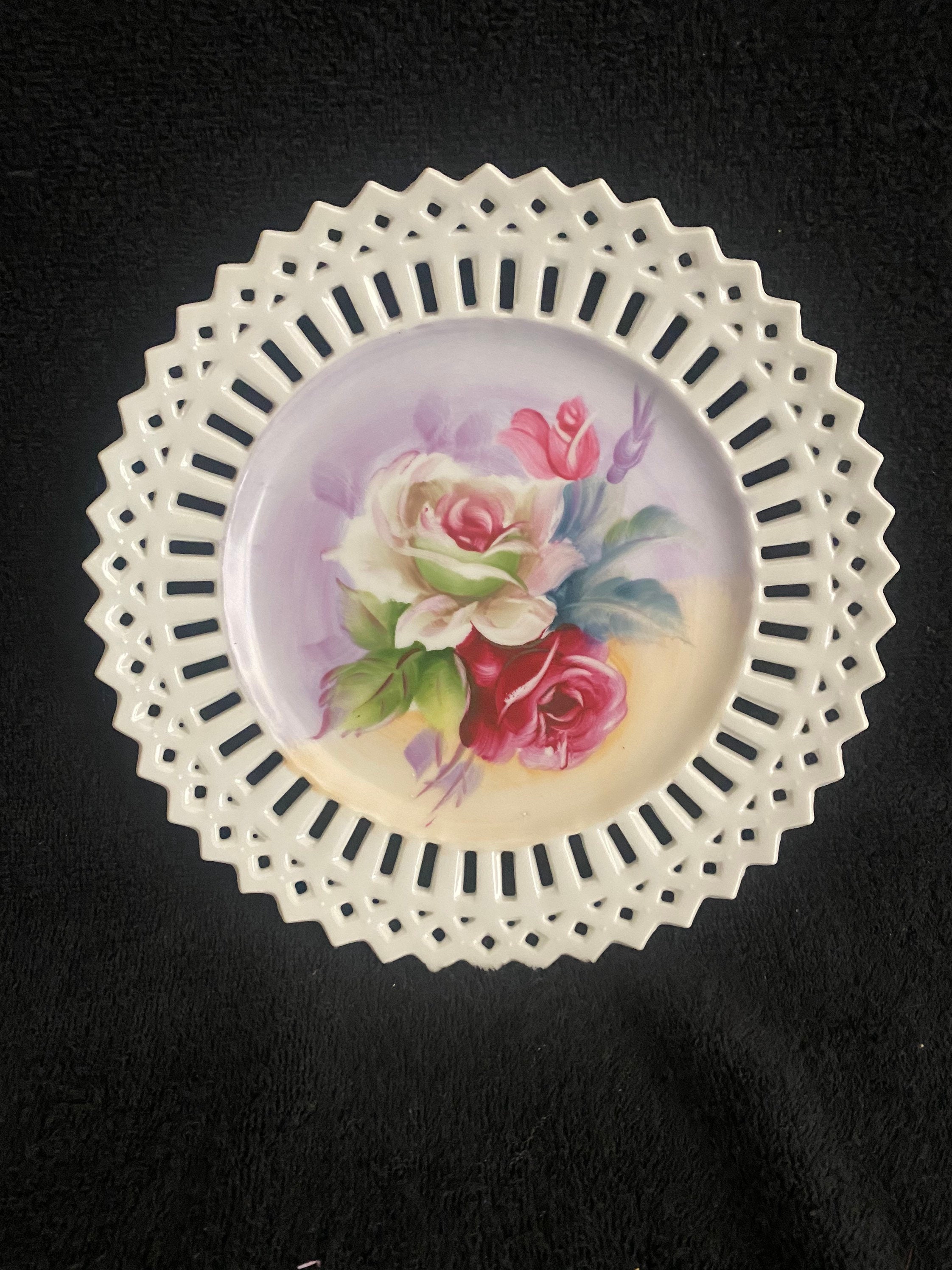 Lefton China Hand Painted Rose Flower White Reticulated Lattice Edge ...