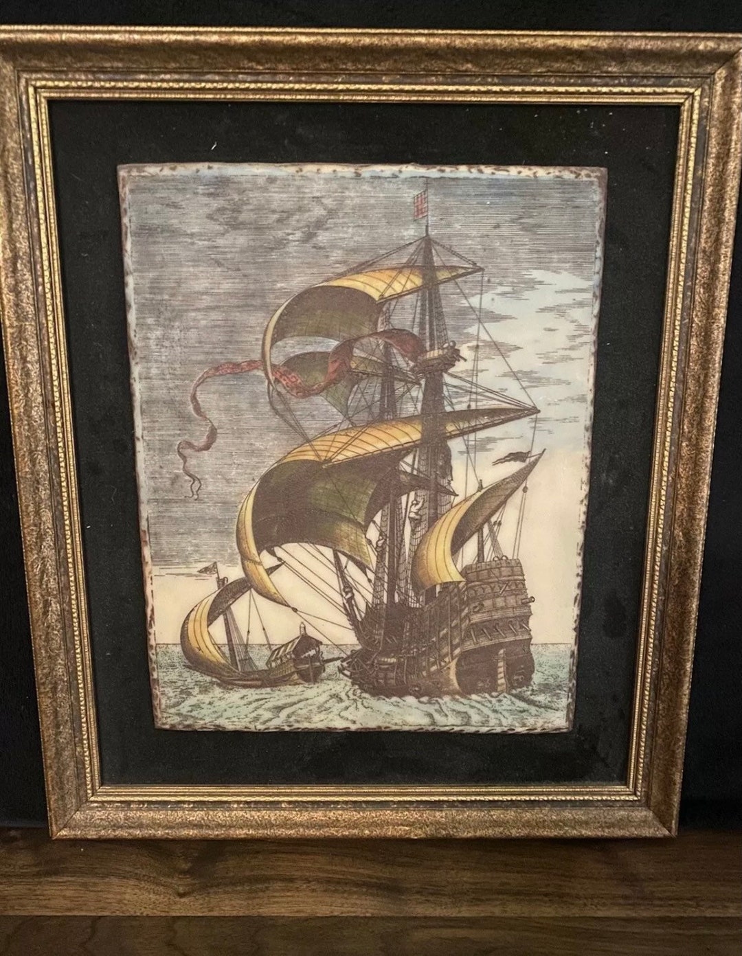 Vintage Artini Engraving Galleon Ships in 3D Handpainted, Framed- 17 ...