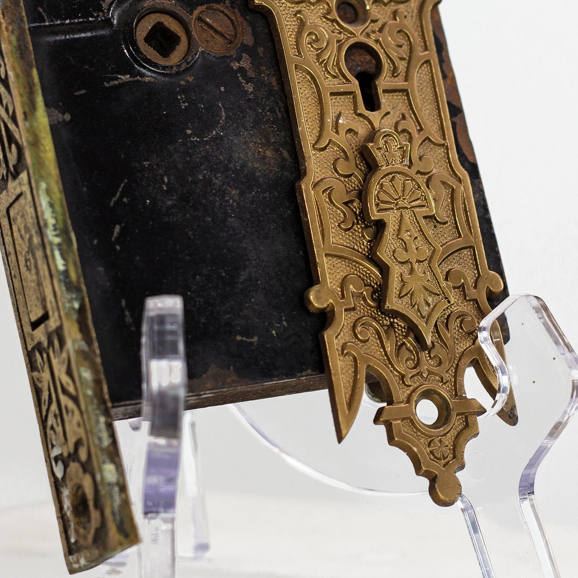 ANTIQUE Ornate Victorian Brass Passage Door Knob Norwich SET With Back ...