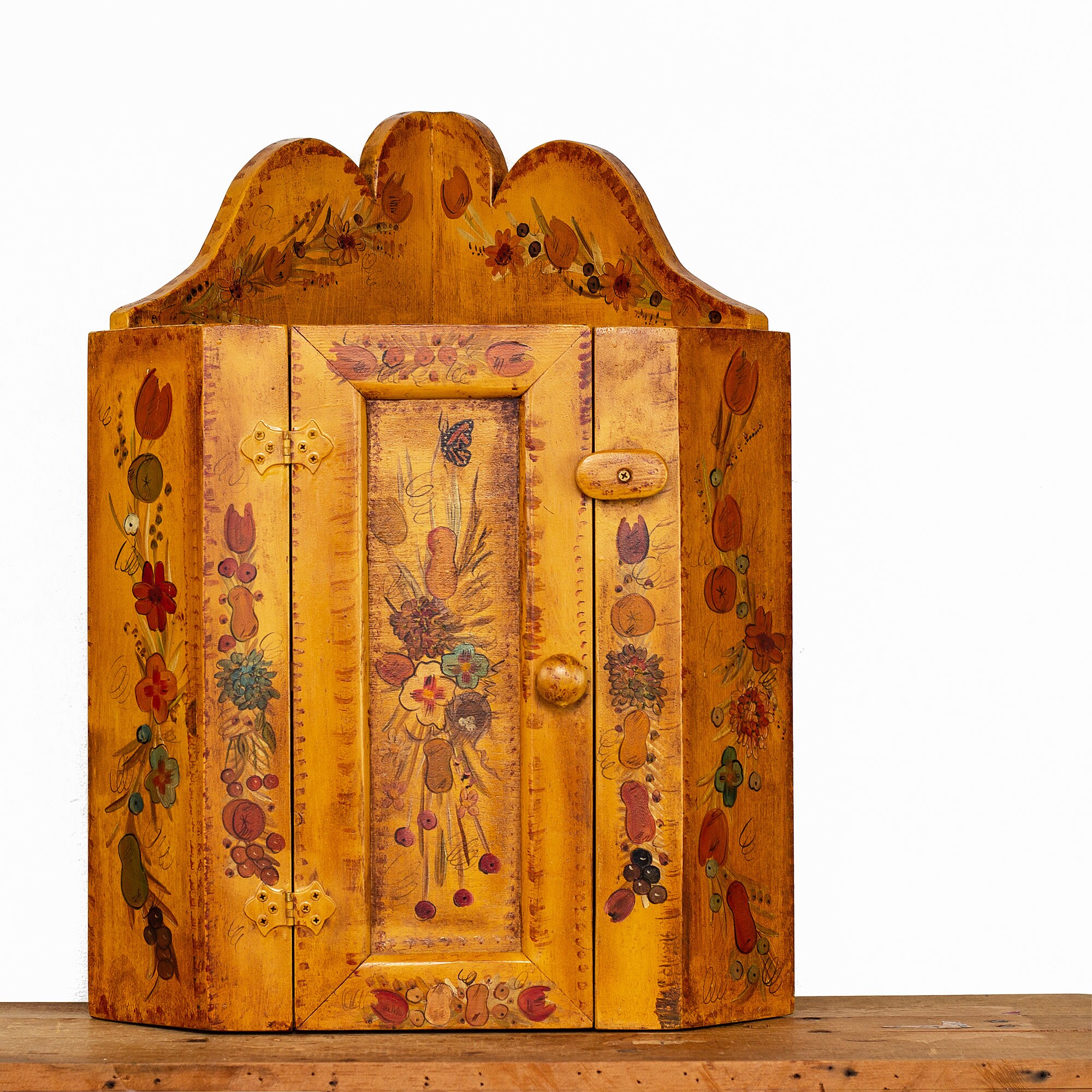 VINTAGE Rare Handmade Corner Cupboard Cabinet With Hand Painted Folk ...
