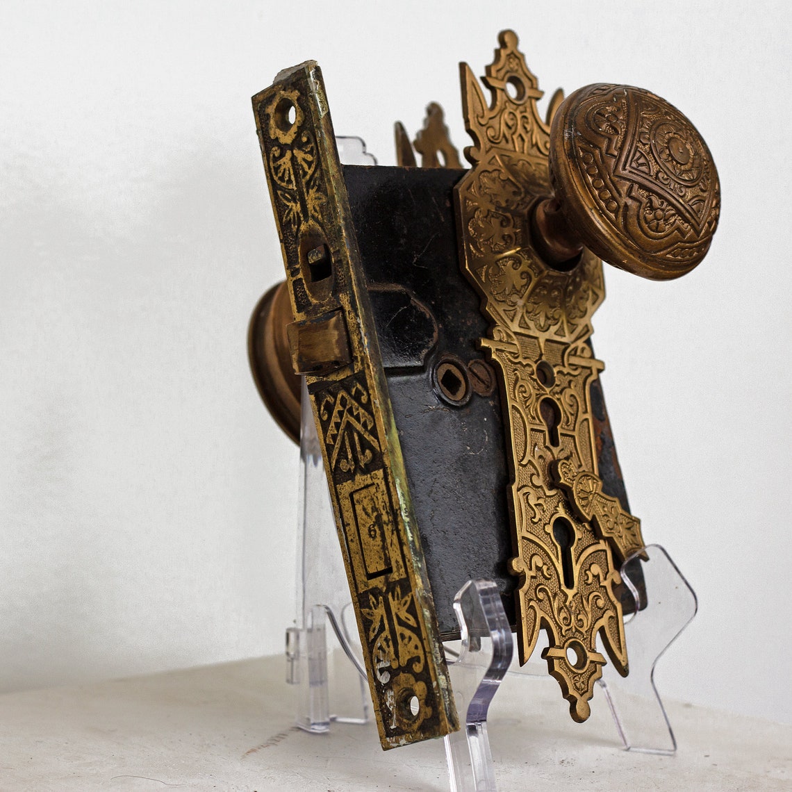 ANTIQUE Ornate Victorian Brass Passage Door Knob Norwich SET With Back ...