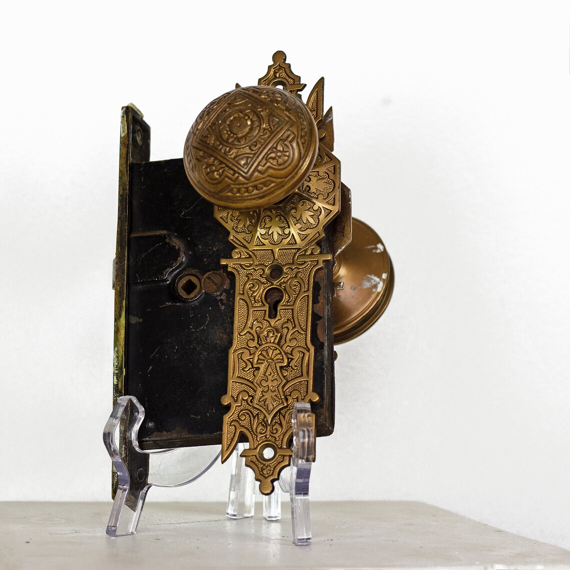 ANTIQUE Ornate Victorian Brass Passage Door Knob Norwich SET With Back ...