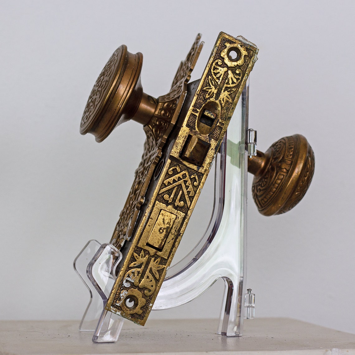 ANTIQUE Ornate Victorian Brass Passage Door Knob Norwich SET With Back ...