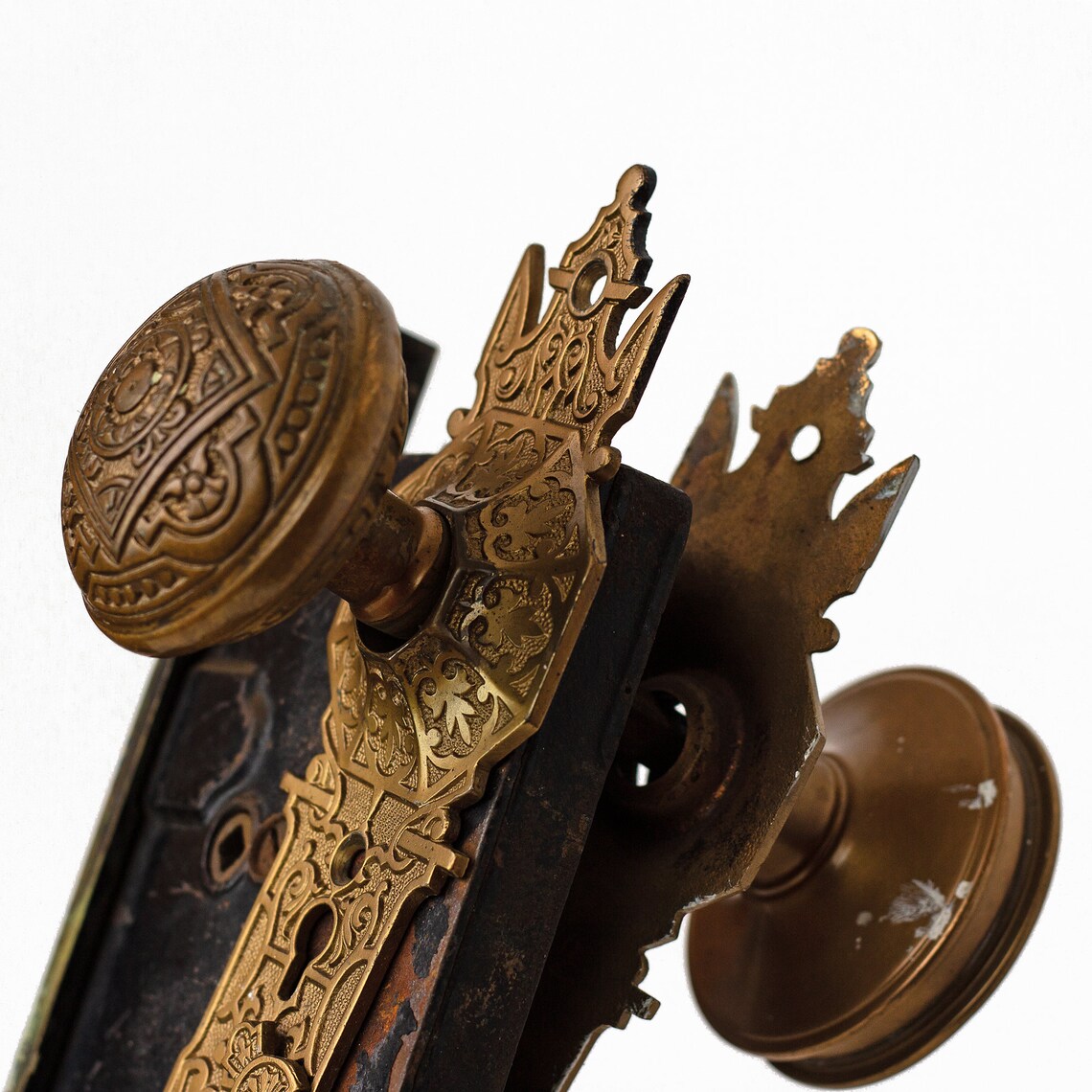 ANTIQUE Ornate Victorian Brass Passage Door Knob Norwich SET With Back ...