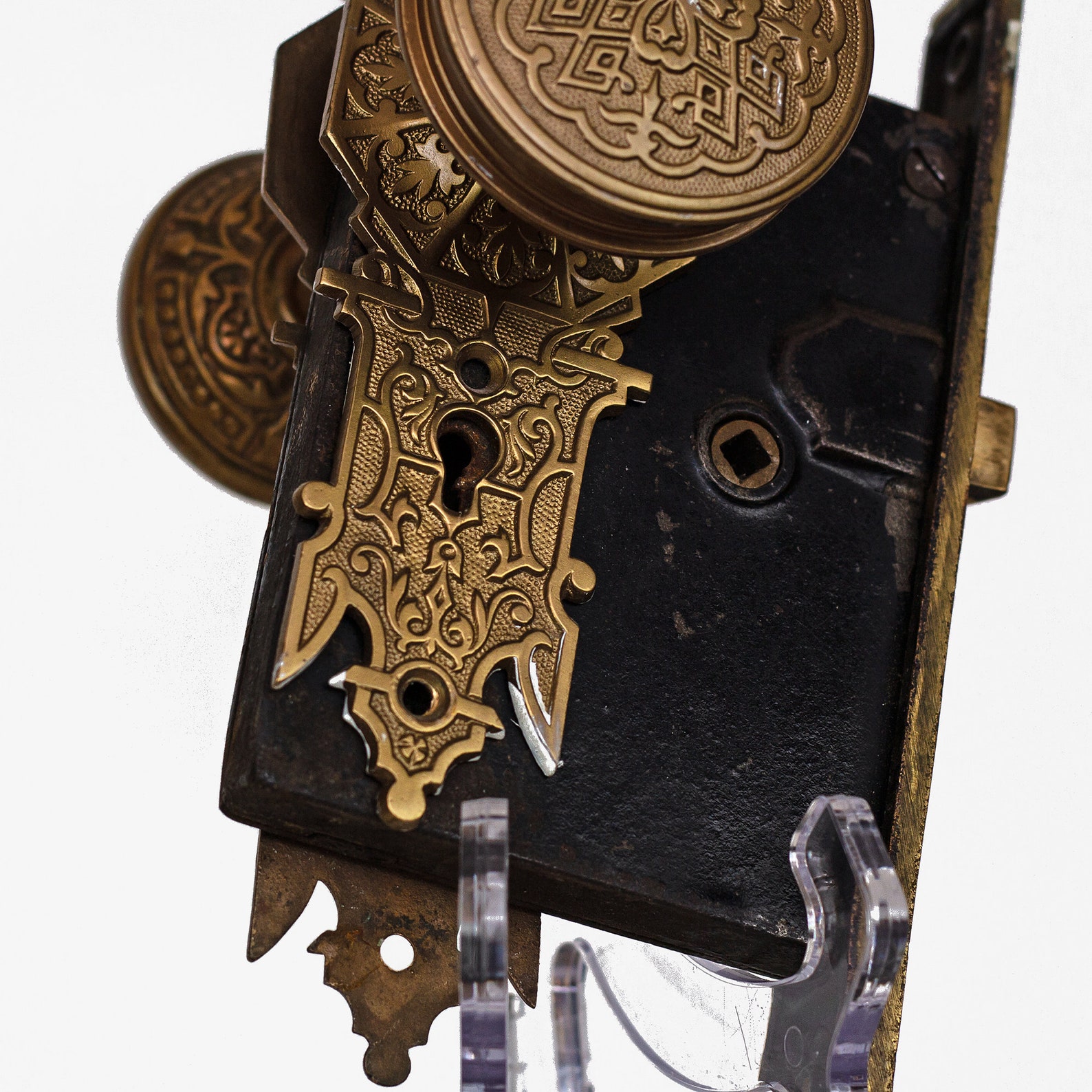 ANTIQUE Ornate Victorian Brass Passage Door Knob Norwich SET With Back ...