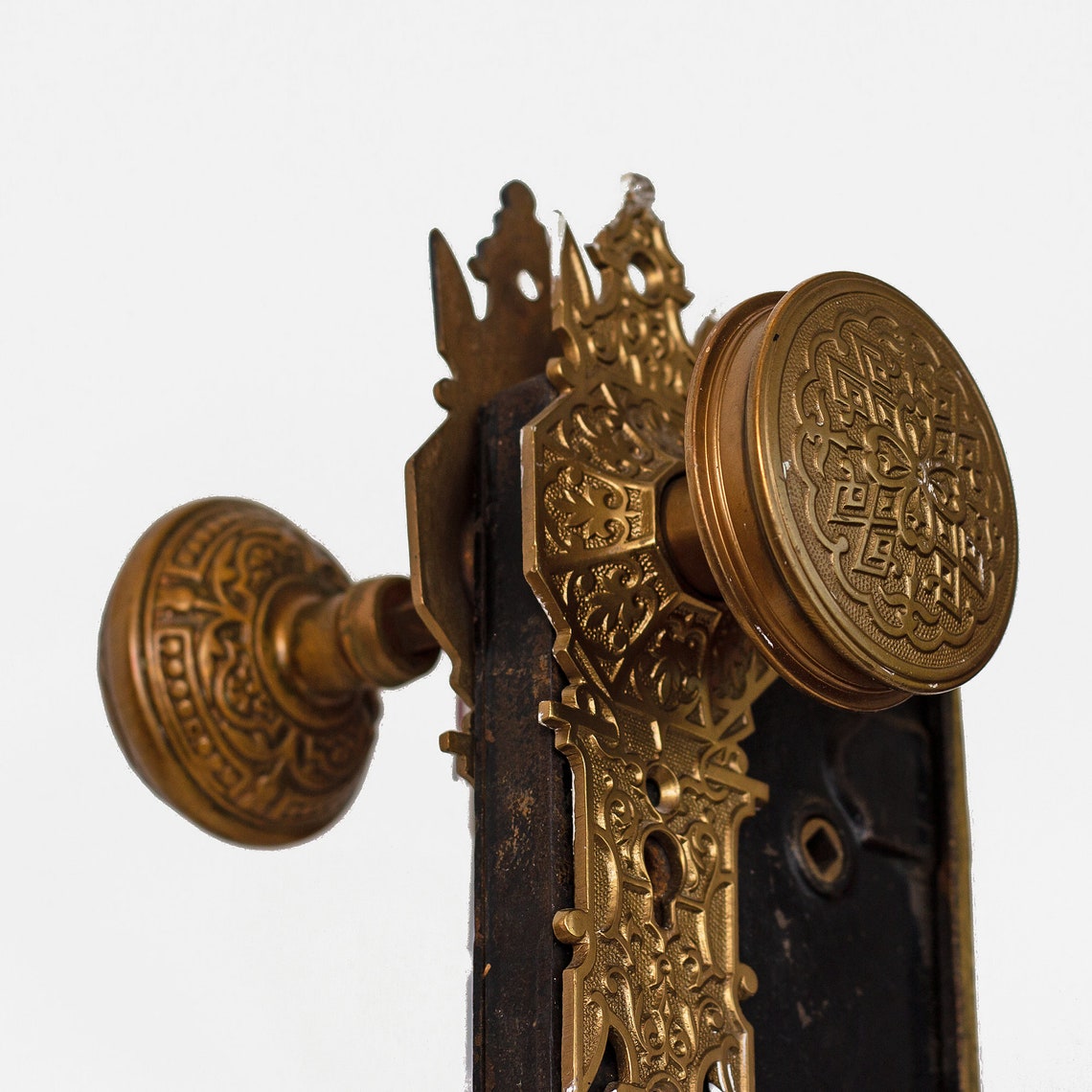 ANTIQUE Ornate Victorian Brass Passage Door Knob Norwich SET With Back ...