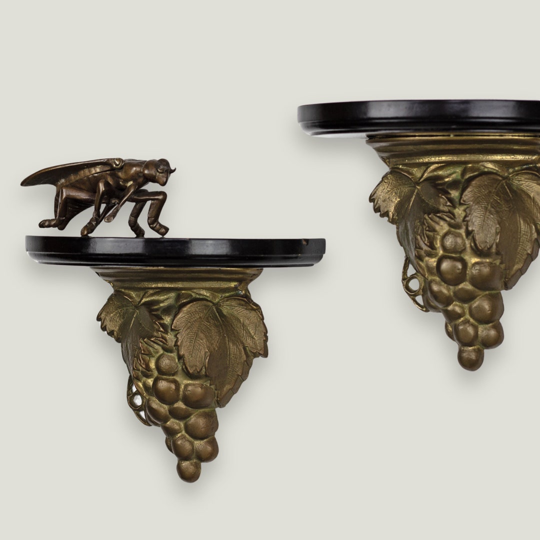 ANTIQUE 1920s SET of TWO Unique Cast Brass and Mahogany Wood Wall ...