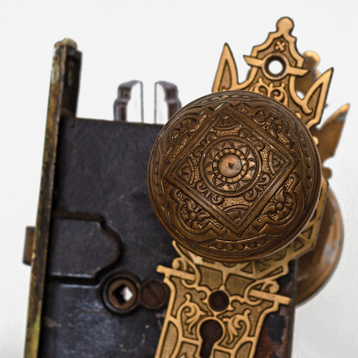 ANTIQUE Ornate Victorian Brass Passage Door Knob Norwich SET With Back ...