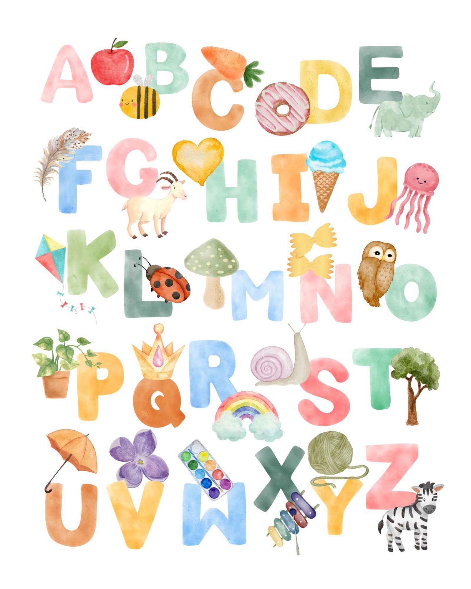 Watercolor Alphabet Poster Nursery Printable Art With Iconic Items for ...