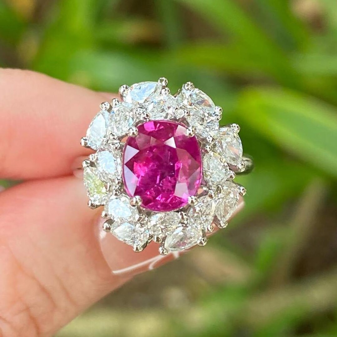 Pink Ruby Ring | Natural Ruby Diamond Cluster Halo Ring | Oval Cut Ruby ...