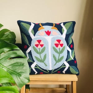 Spring Beetle Floral Pillow, Decorative Embroidery Cushion Cover, Punch ...