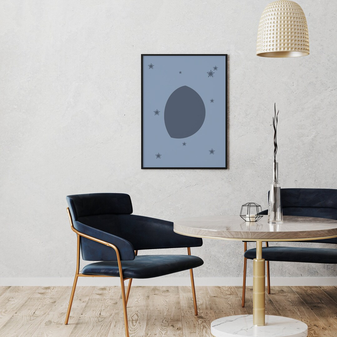 Boho Navy Blue Moon and Stars, Digital Download Abstract Boho Wall Art ...