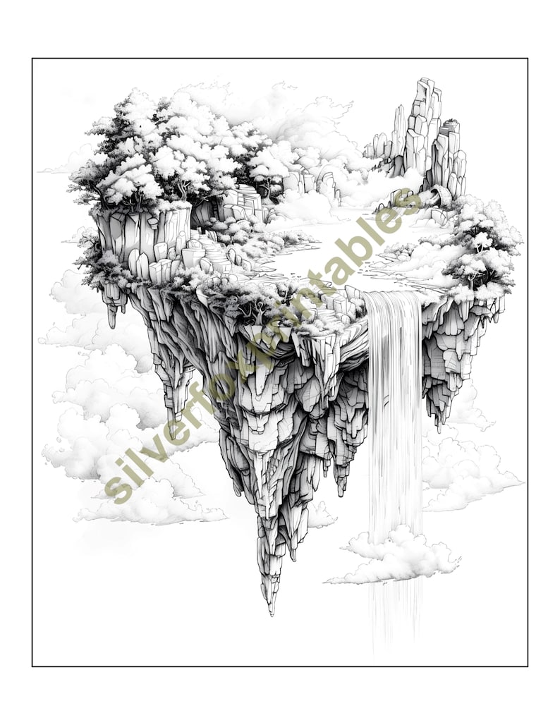 FT0015 Floating Islands Coloring Pages, Printable PDF Adults Kids ...