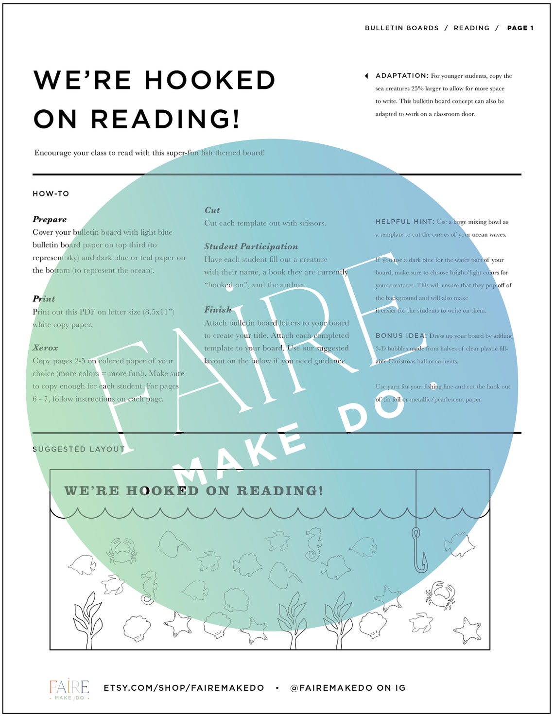 Reading Bulletin Board Template Kit / Sea Themed : Instant Download ...