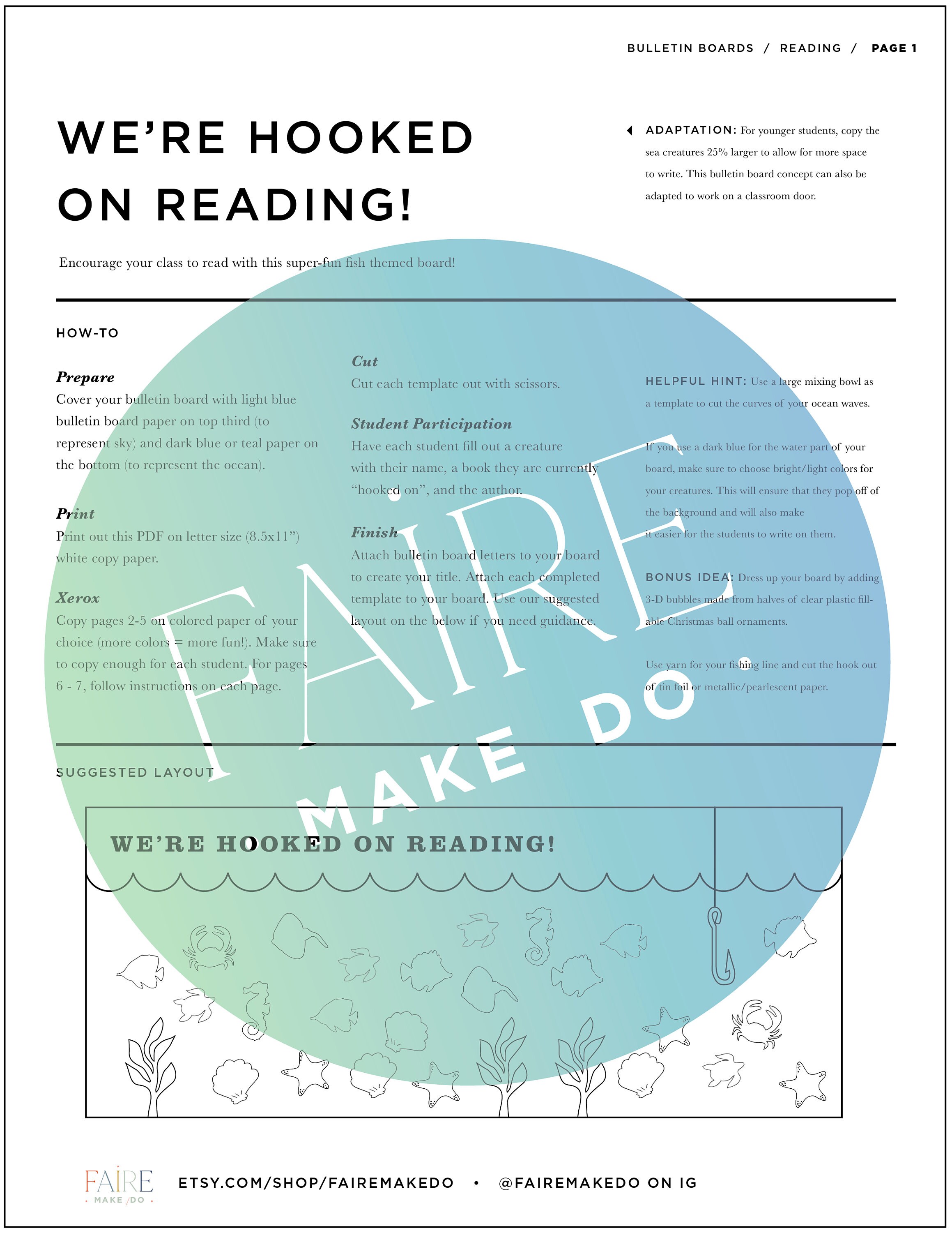 Reading Bulletin Board Template Kit / Sea Themed : Instant Download ...