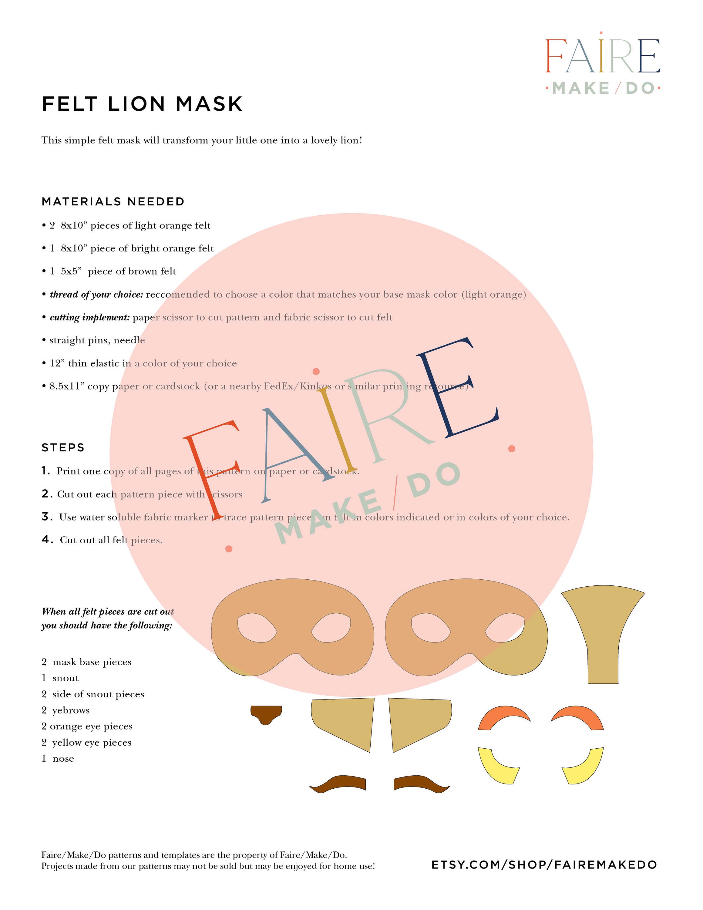 PRINTABLE COSTUME PATTERN: Felt Lion Costume Mask Pattern (toddler Size ...