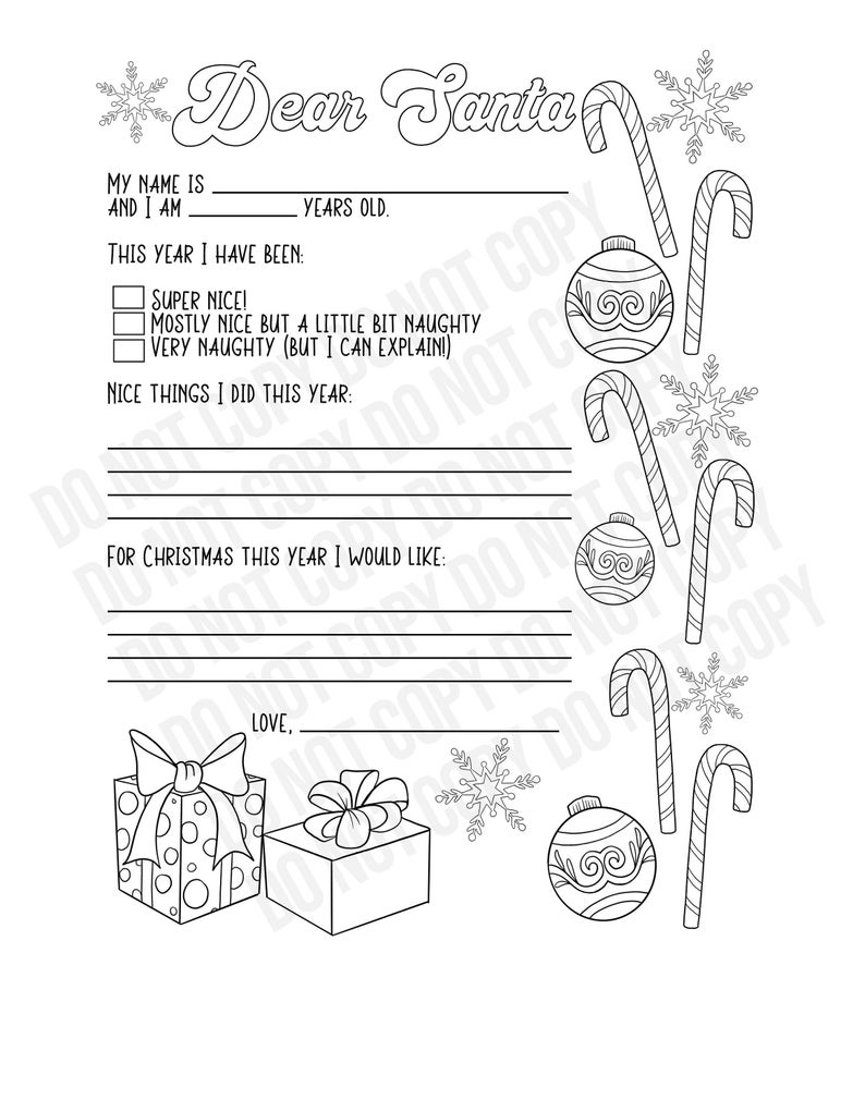 Dear Santa Letter With Candy Canes and Christmas Ornaments Printable ...