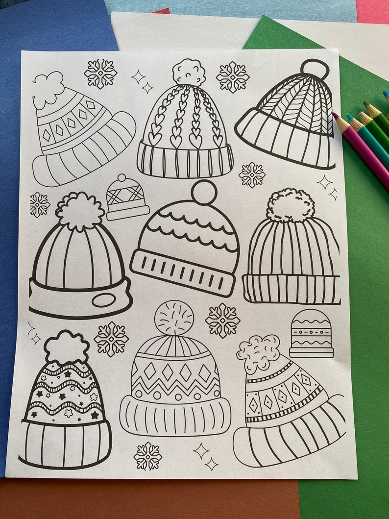 Winter Hats, Coloring Page, Kids and Adults, Digital Download ...