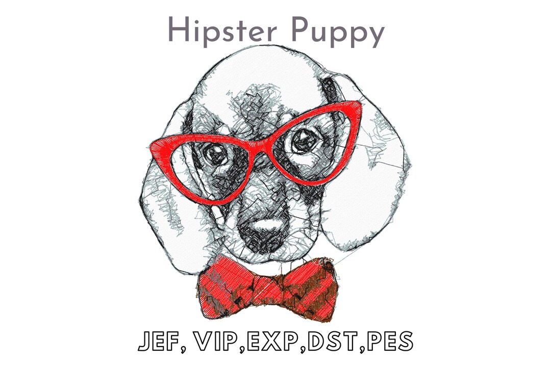 Hipster Puppy, Filled and Outlined, Easy Machine Embroidery, Digital ...
