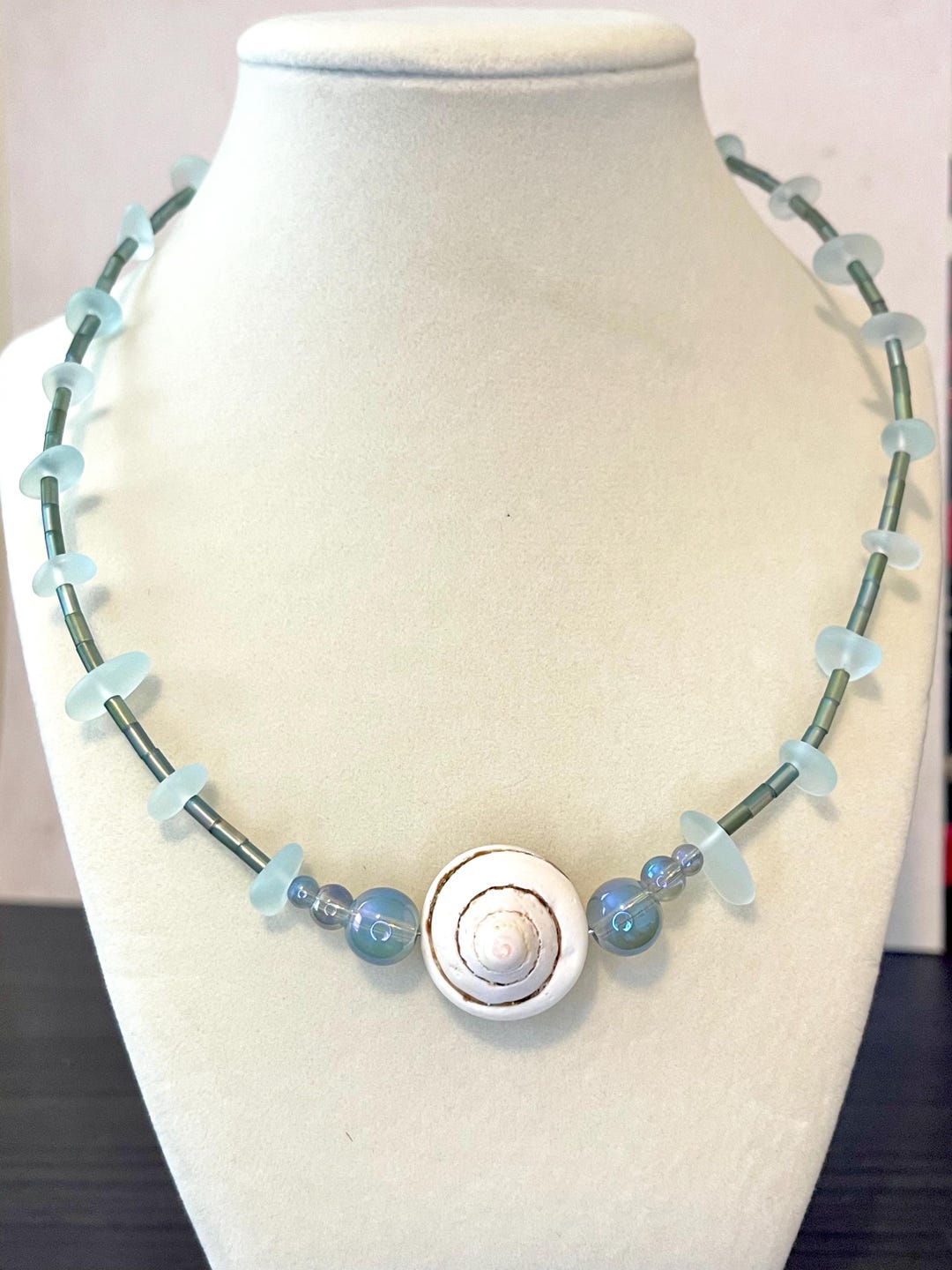 Swirl White Shell Beach Pond Aqua Blue Shiny Bubble Mermaid Necklace - Etsy