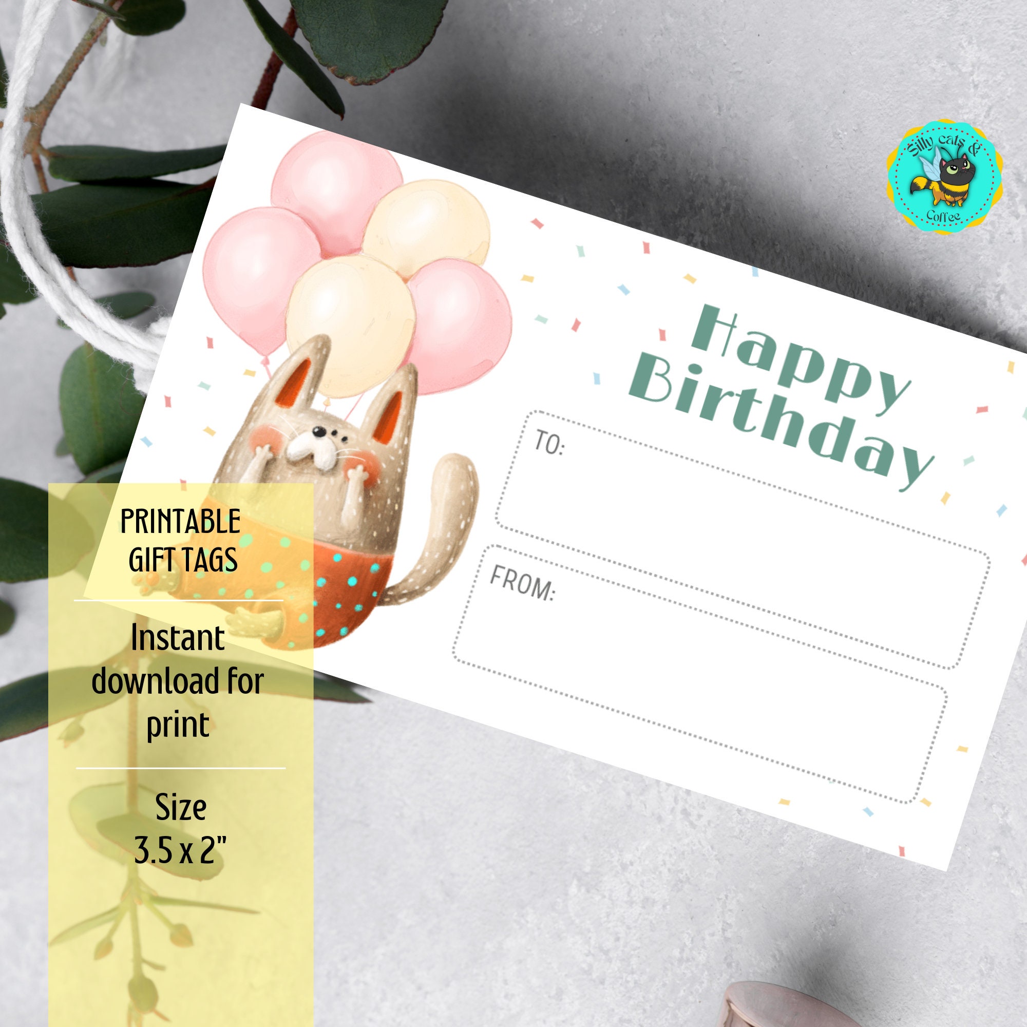 Printable Gift Tags Cute Cat - 3.5 X 2 Inches, Digital Download PDF and ...