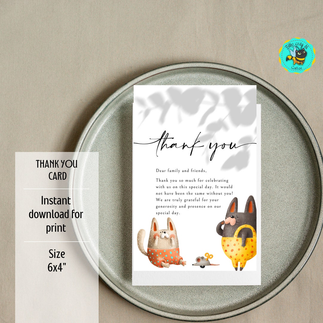 Cat Thank You Card Digital Print Ready Party Cards, Pet Thank You Card ...