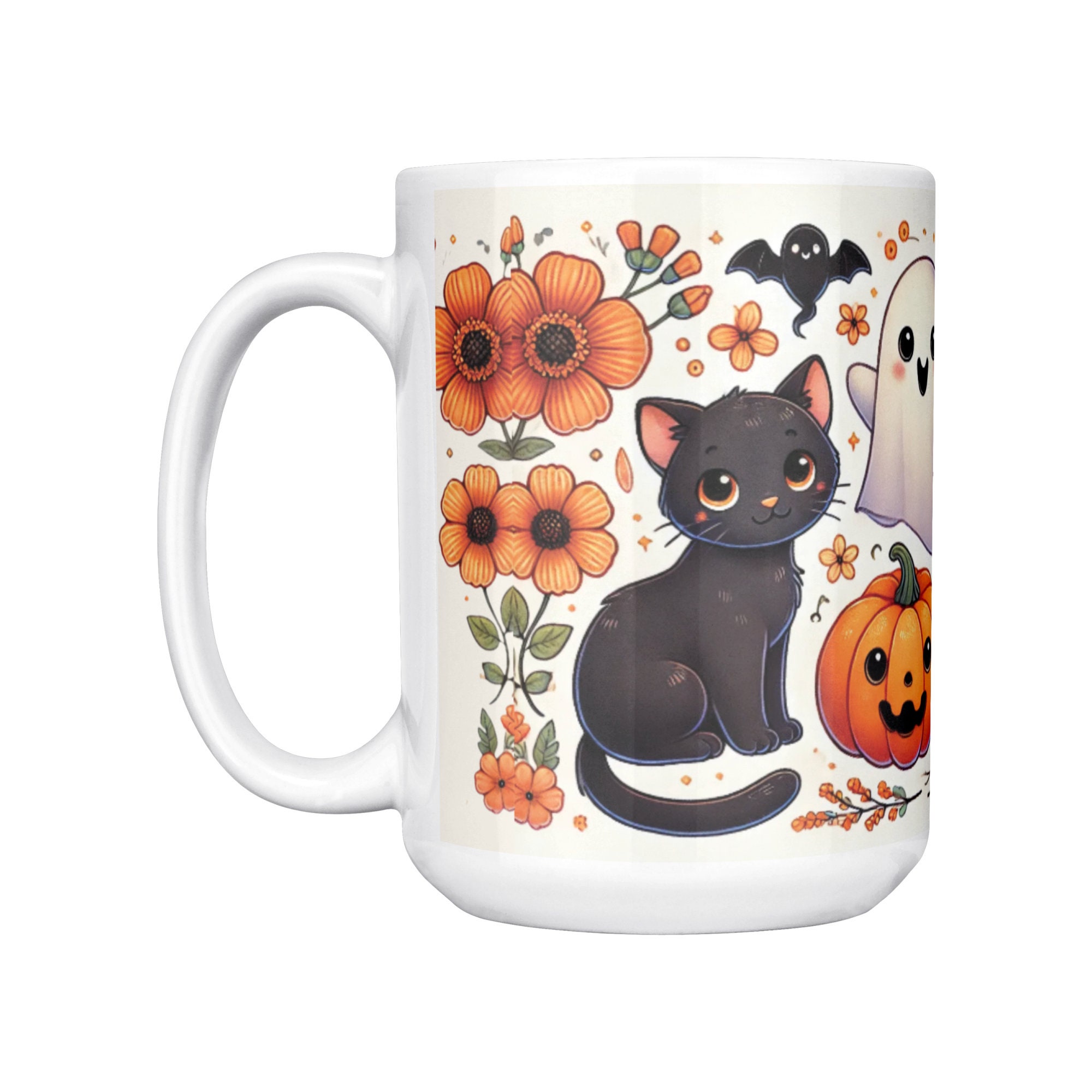 Adorable Halloween Black Cat Coffee Mug 15 Oz Full Wrap Ceramic Cup ...